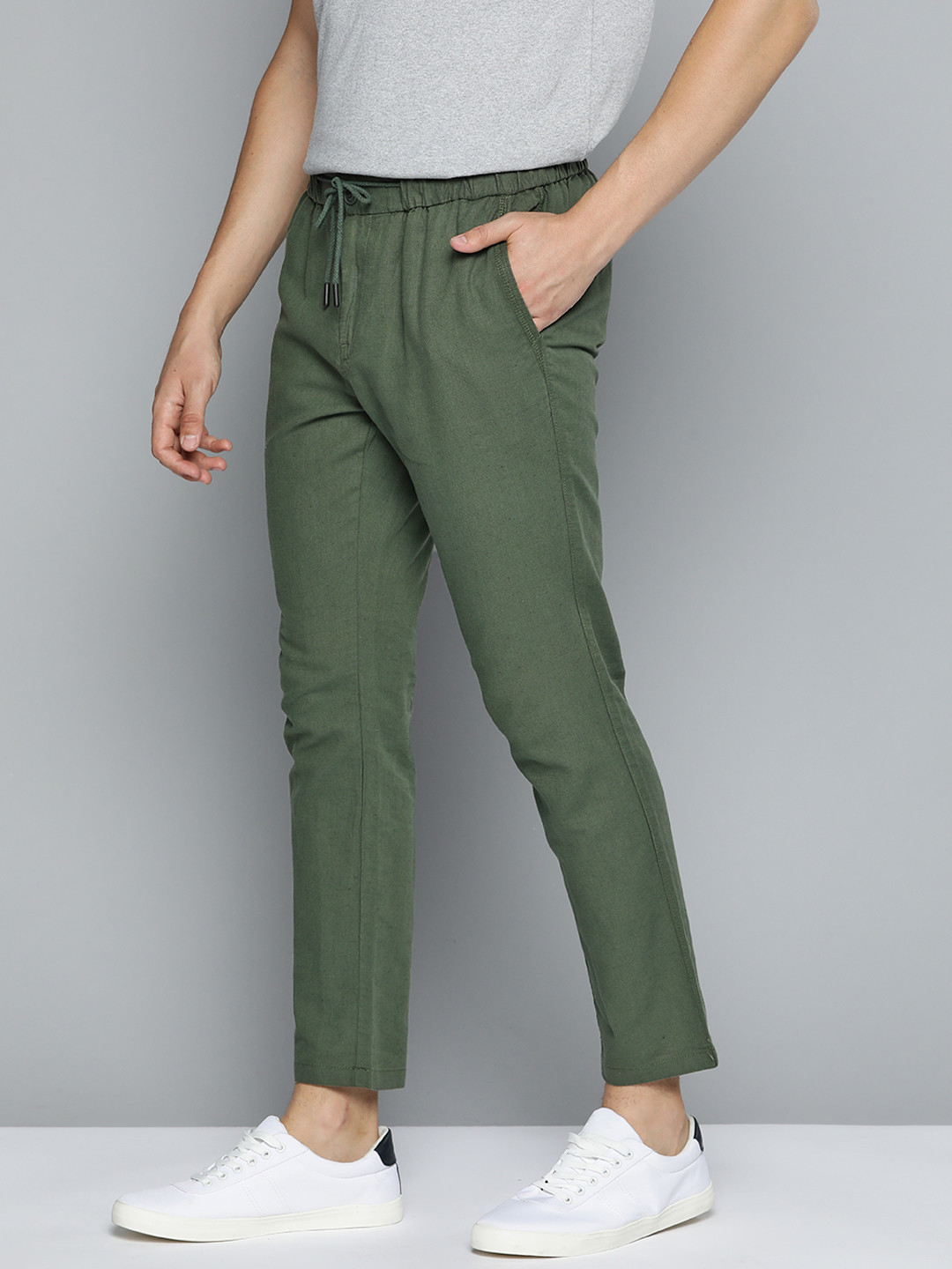 Buy Mast & Harbour Men Linen Cotton Olive Green Trousers - Trousers for ...