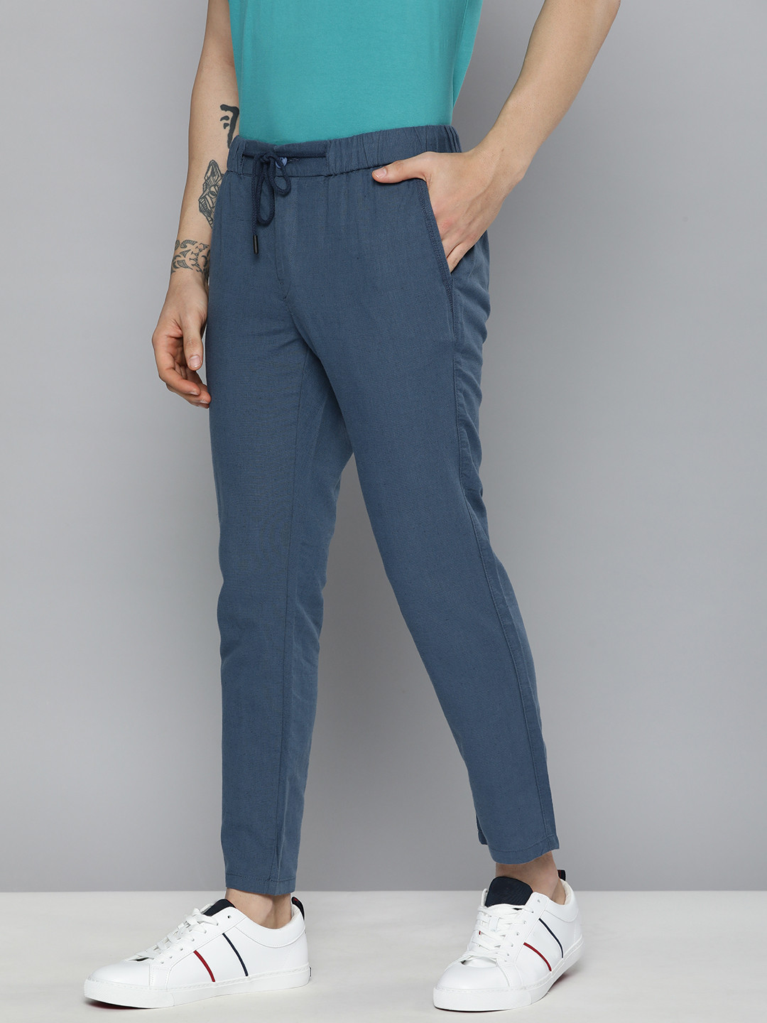 Buy Mast & Harbour Men Navy Blue Slim Fit Cotton Linen Trousers ...