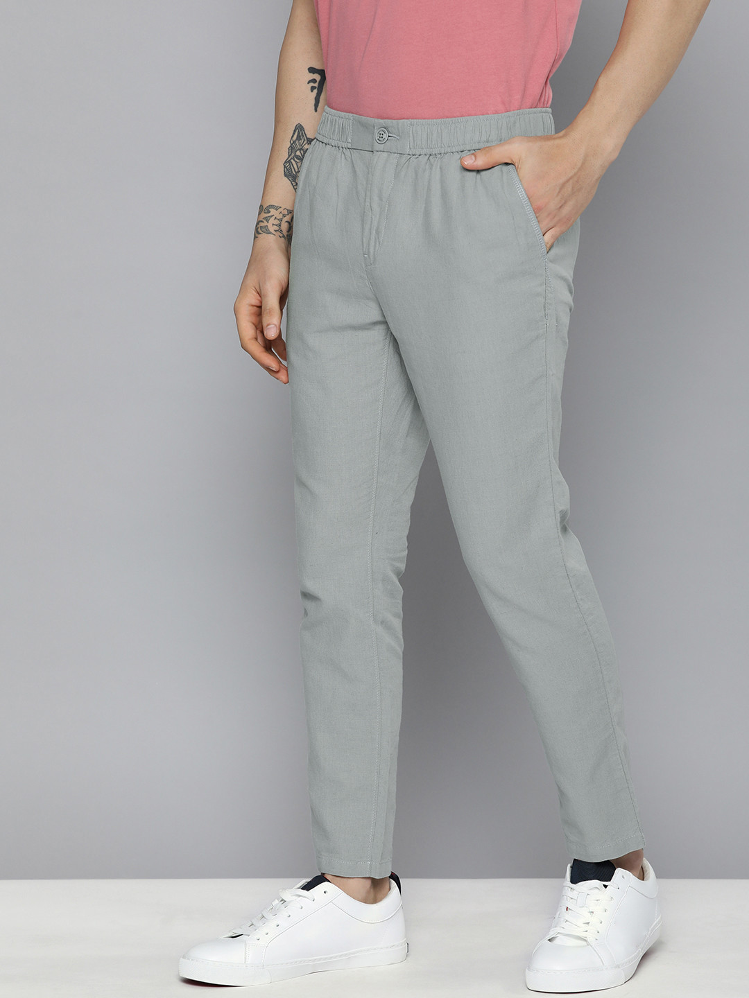 Buy Mast & Harbour Men Grey Slim Fit Cotton Linen Trousers - Trousers ...