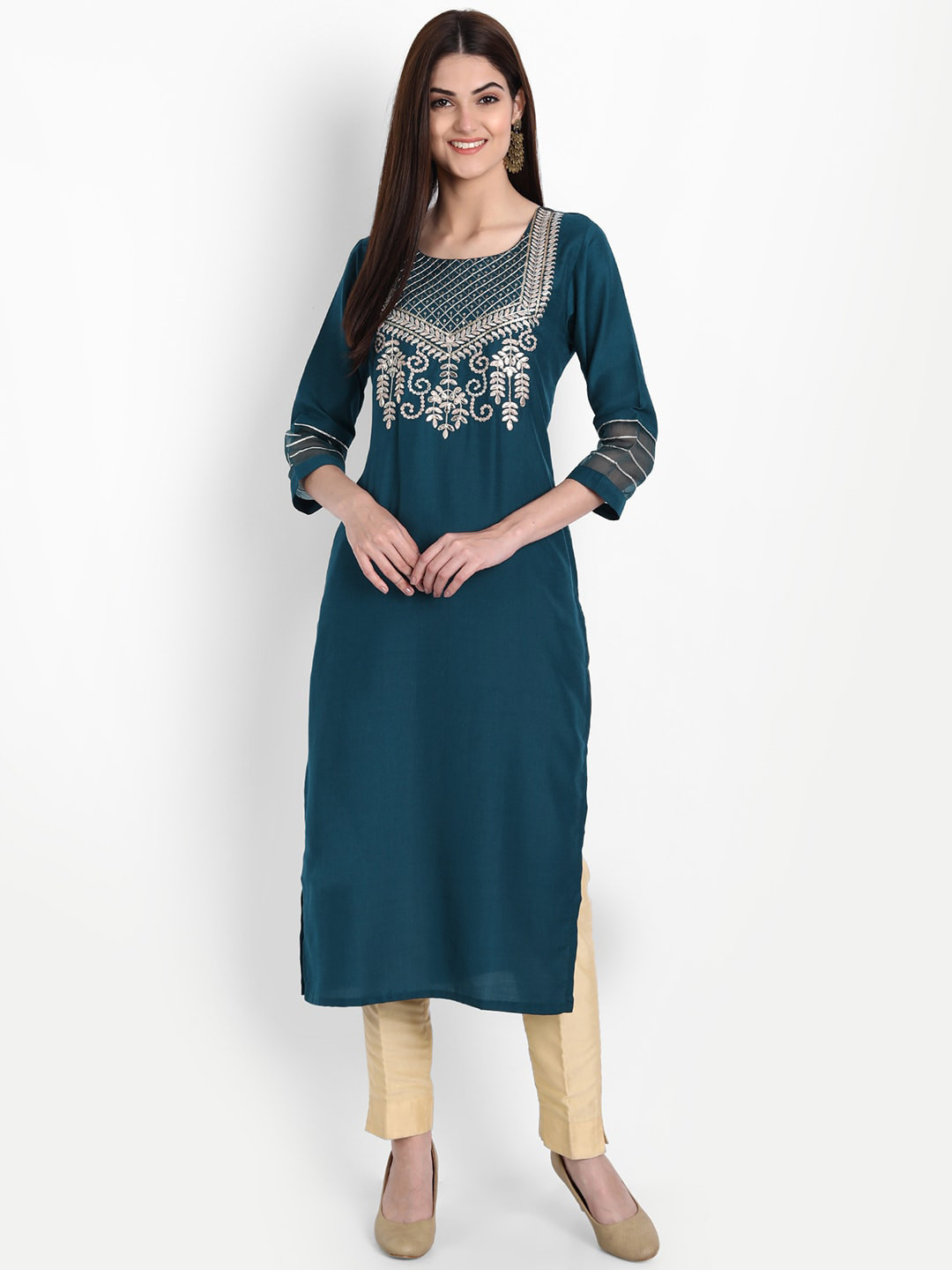 Buy Arangya Women Teal Ethnic Motifs Embroidered Thread Work Straight ...