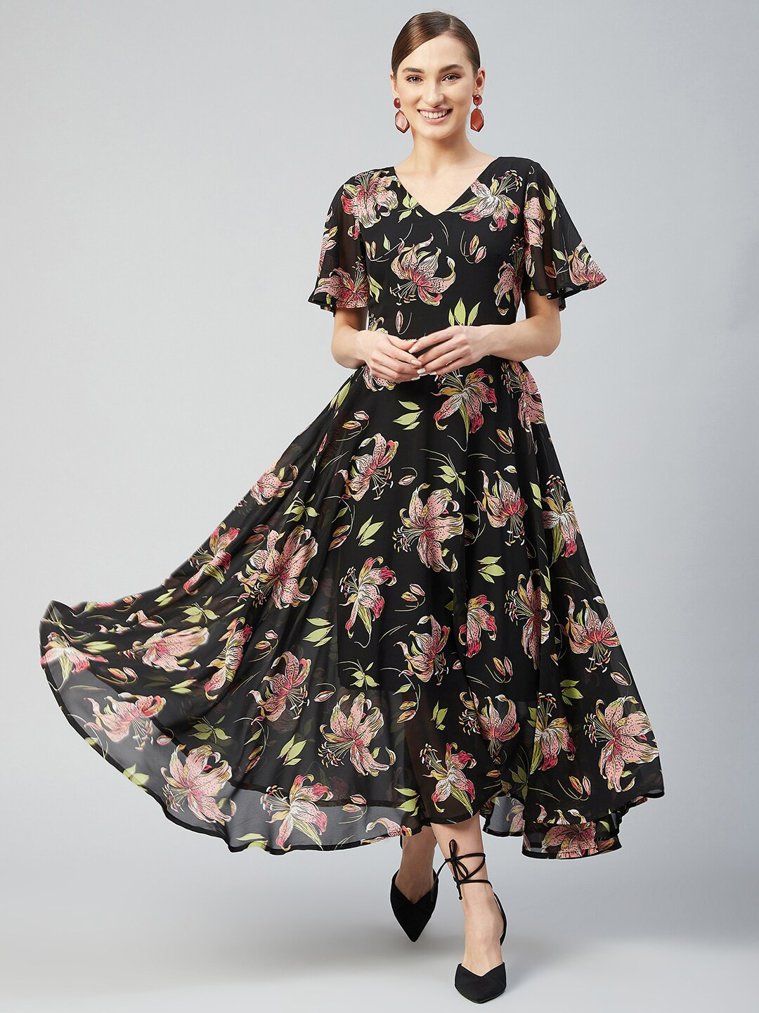 Buy RARE Women Black Floral Georgette Maxi Dress - Dresses for Women ...