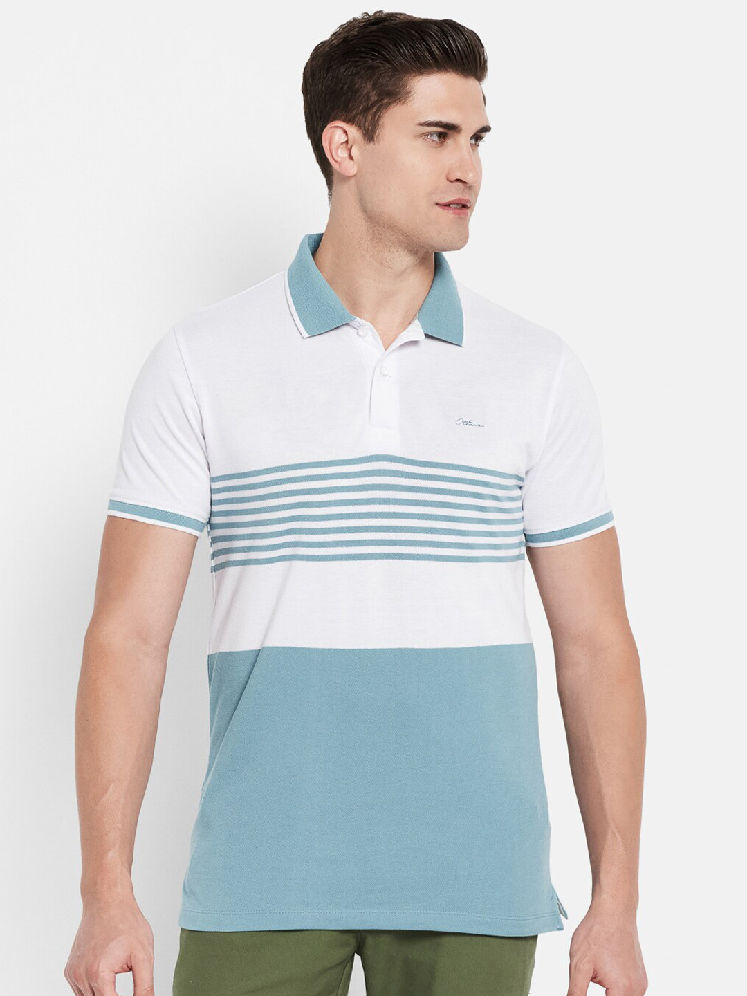 Buy Octave Men Blue & White Colourblocked Polo Collar Cotton T Shirt ...