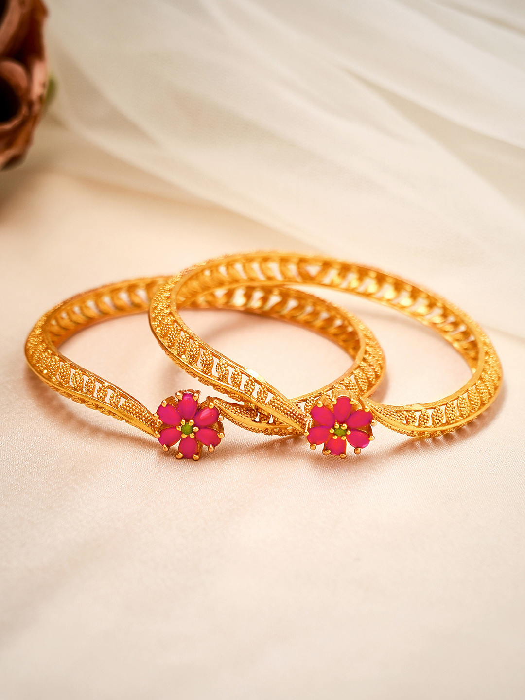 Buy Rubans Set Of 2 Gold Plated & Red Ruby Studded Bangles - Bangle for ...
