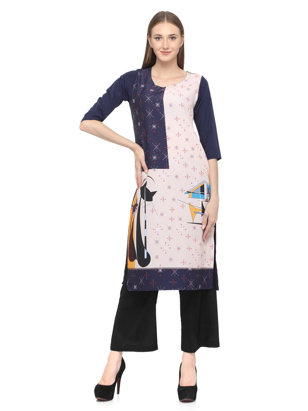 Buy Ezis Fashion Navy Blue And Off White Quirky Printed Crepe Straight