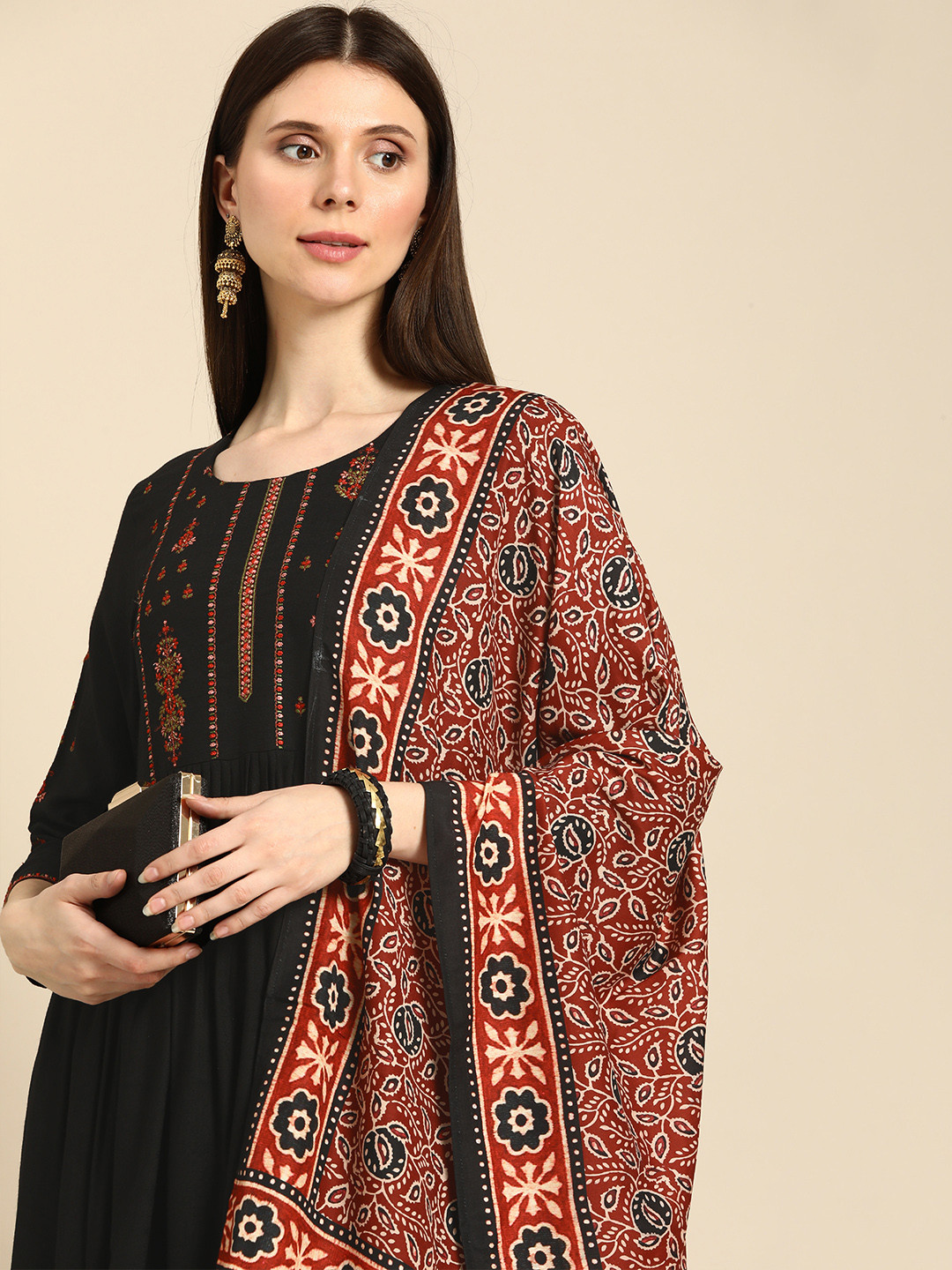 Buy Anouk Women Black Pure Cotton Ethnic Motifs Embroidered Kurta With ...