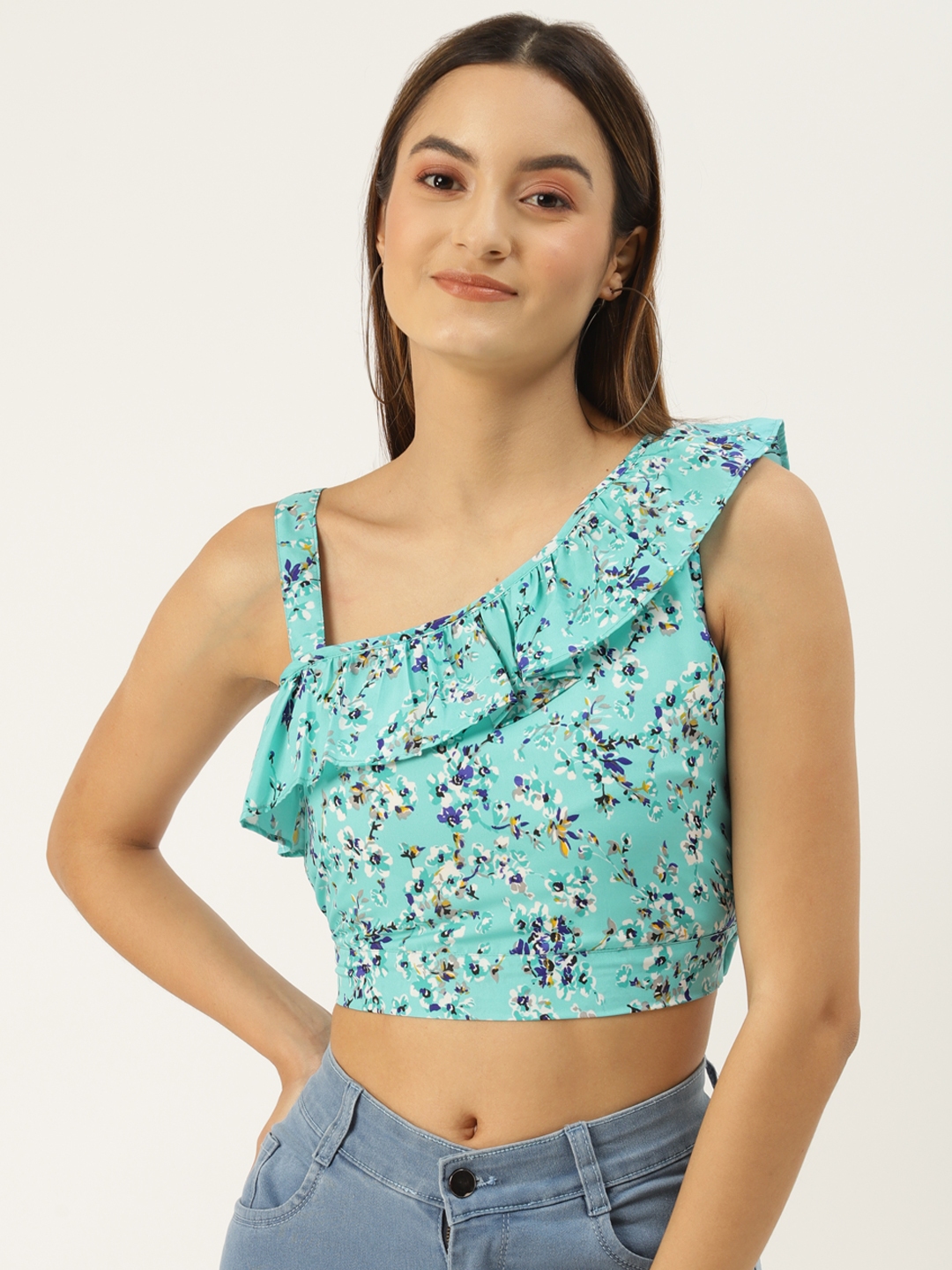 Buy Brinns Turquoise Blue Floral Print One Shoulder Ruffles Crepe Crop
