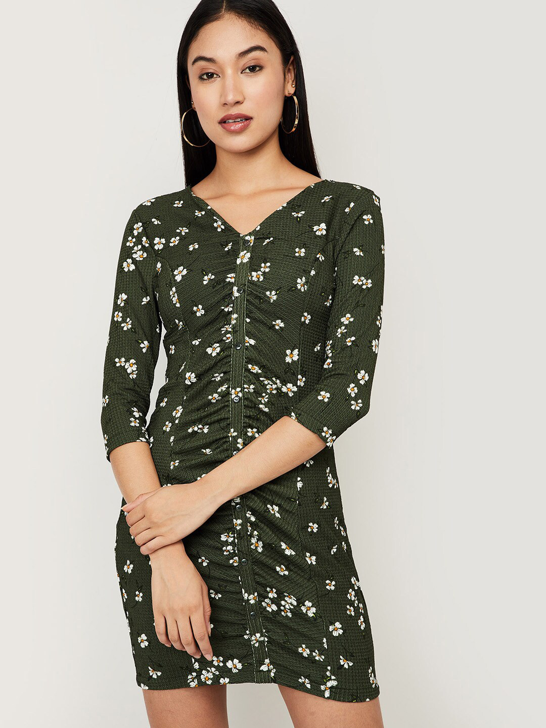 Buy Ginger By Lifestyle Olive Green Floral Printed Sheath Dress ...