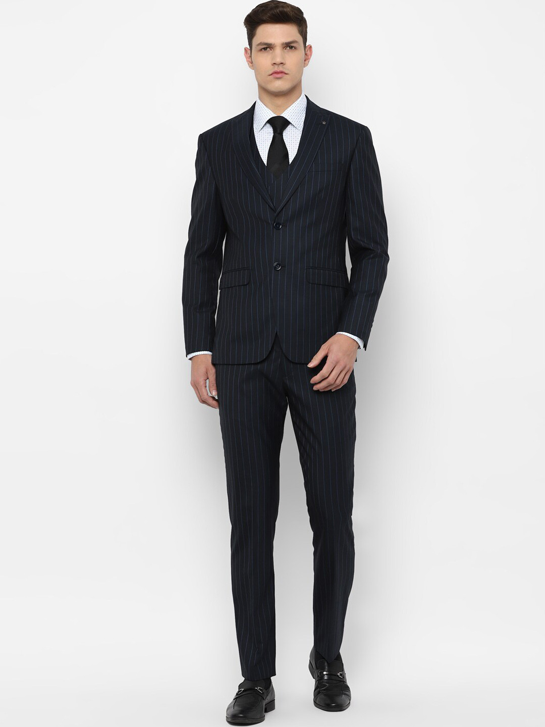 Buy Louis Philippe Men Navy Blue Striped Slim Fit Single Breasted Three ...