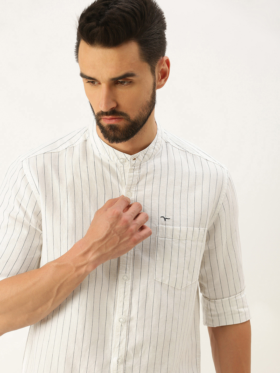 Buy Flying Machine Men White & Grey Vertical Striped Slim Fit Casual ...