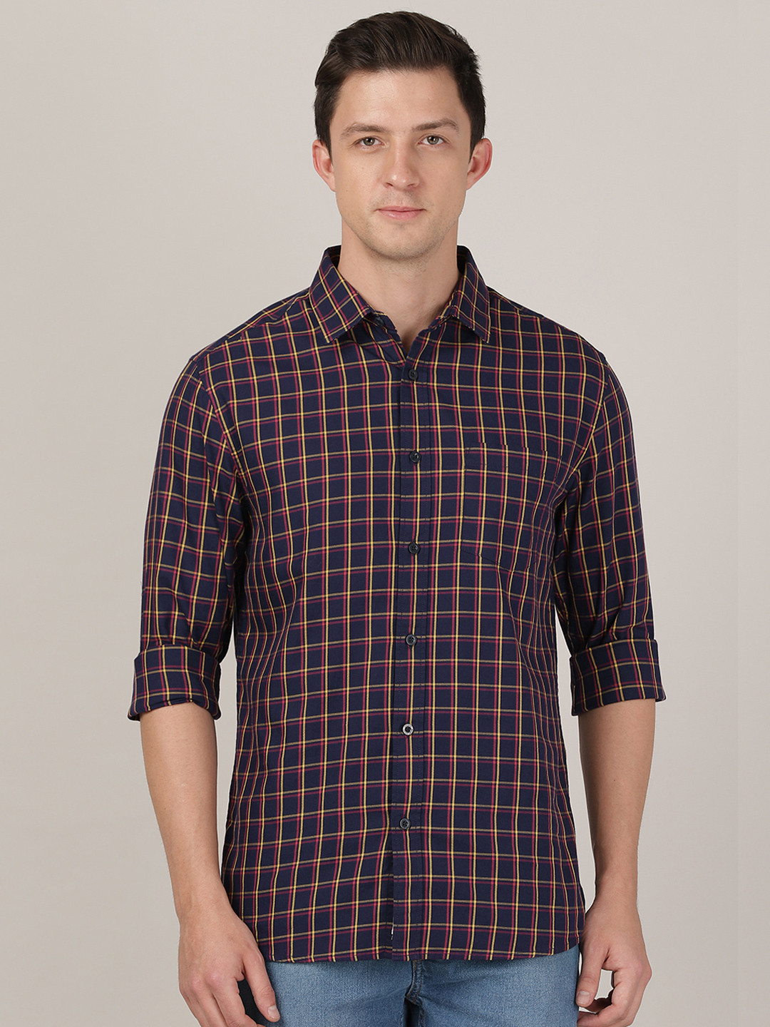 Buy MERCHANT MARINE Men Navy Blue Classic Slim Fit Checked Casual Shirt ...