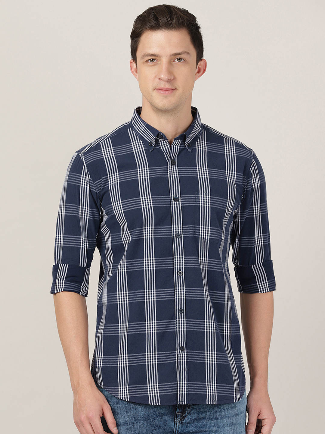 Buy MERCHANT MARINE Men Navy Blue Classic Slim Fit Checked Casual Shirt ...