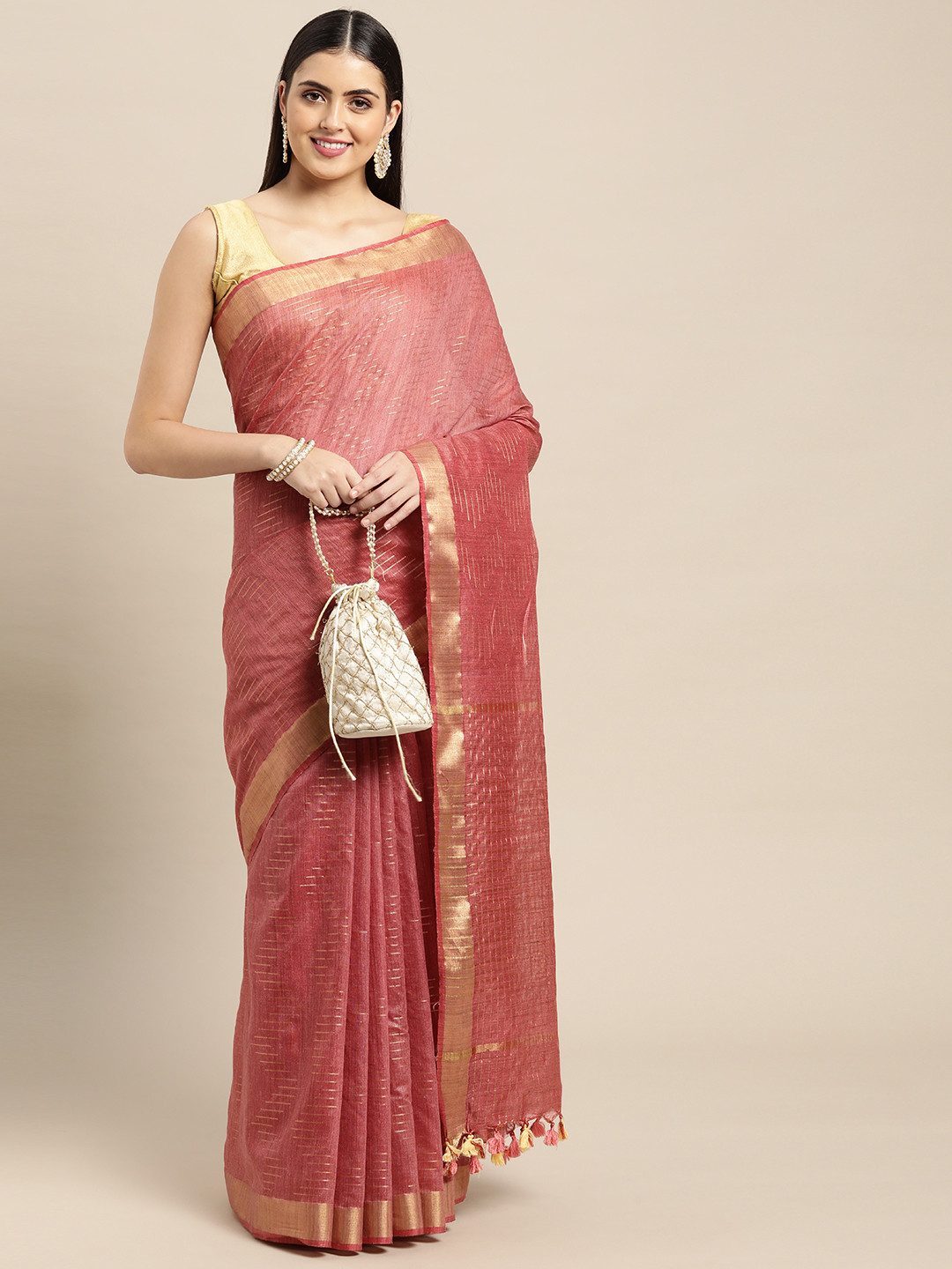 Buy Pothys Dusty Pink & Golden Woven Design Pure Linen Saree - Sarees ...