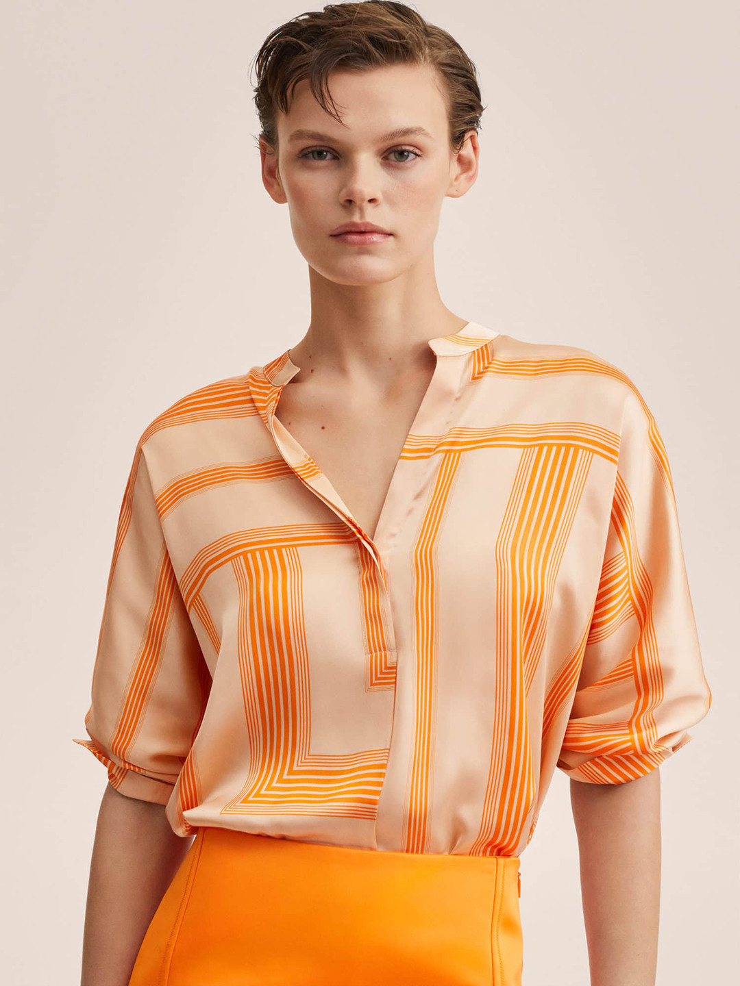 Buy MANGO Women Orange & Beige Striped Mandarin Collar Woven Top - Tops ...