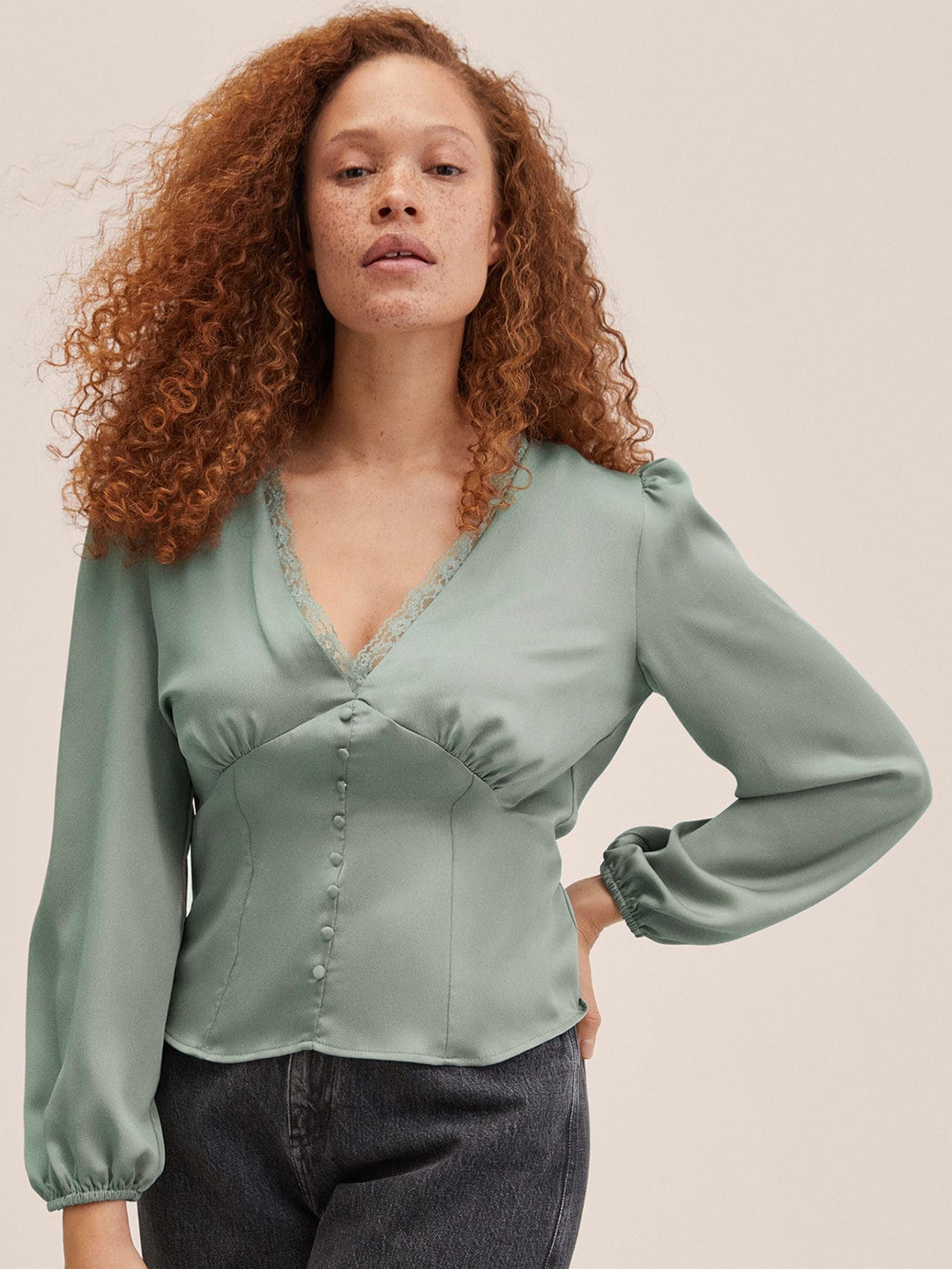 Buy Mango Women Green Solid Cinched Waist Top Tops For Women 17607924