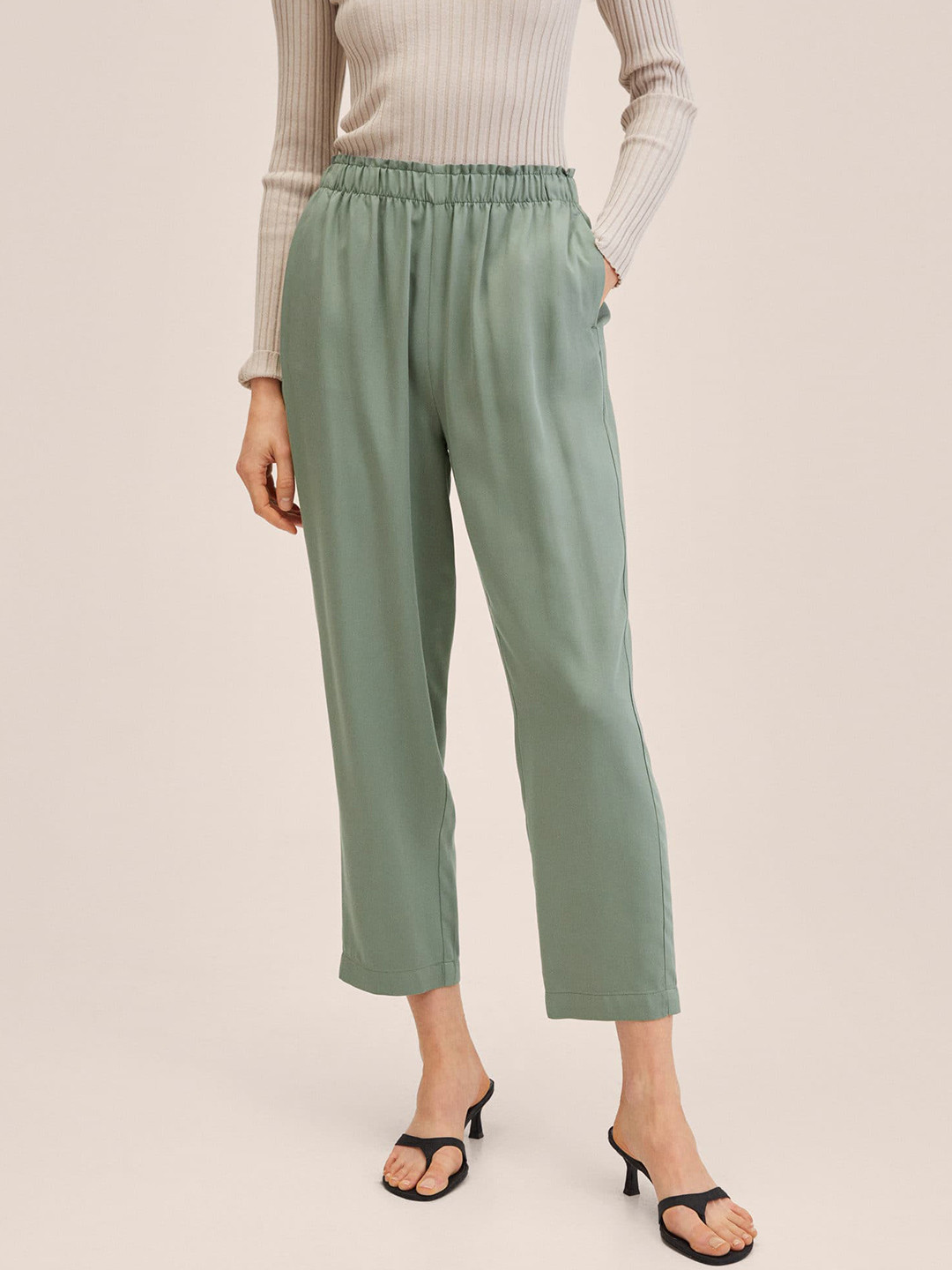 Buy MANGO Women Green Solid Cropped Trousers - Trousers for Women ...