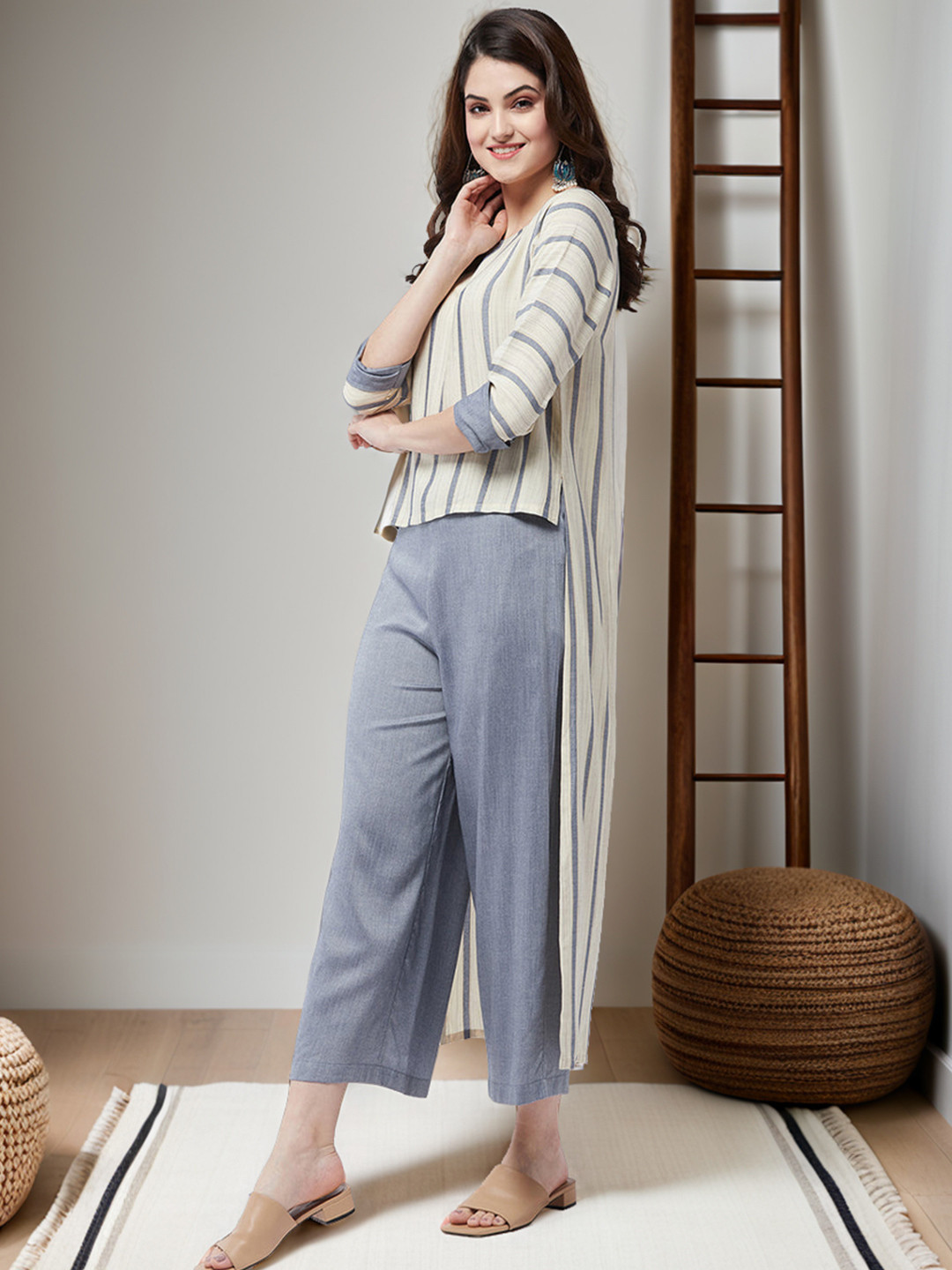 Buy Pannkh Women Blue Striped Low High Hemline Top With Palazzos Co ...