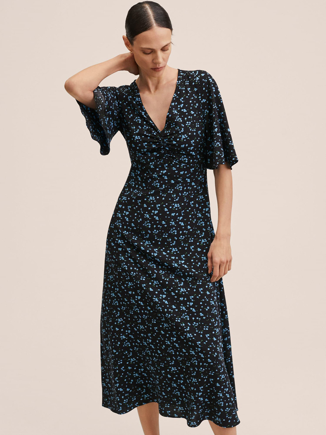 Buy MANGO Black & Blue Floral Print A Line Midi Dress - Dresses for ...