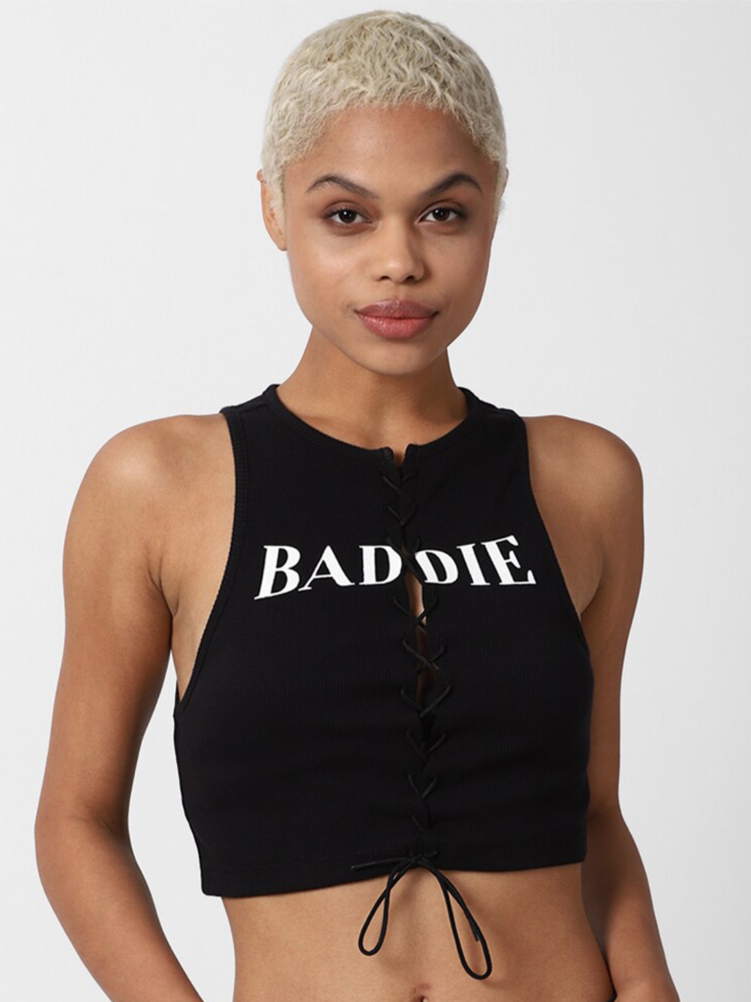 Buy Forever 21 Women Black And White Printed Pure Cotton Blouson Crop Top