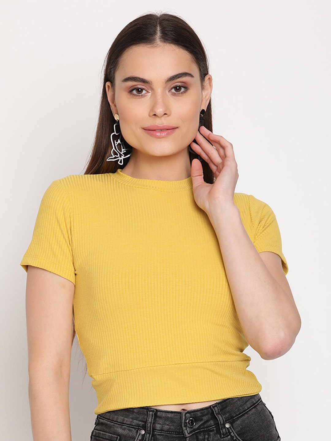 Buy Madame Women Mustard Yellow Solid Cotton Round Neck Regular Top ...