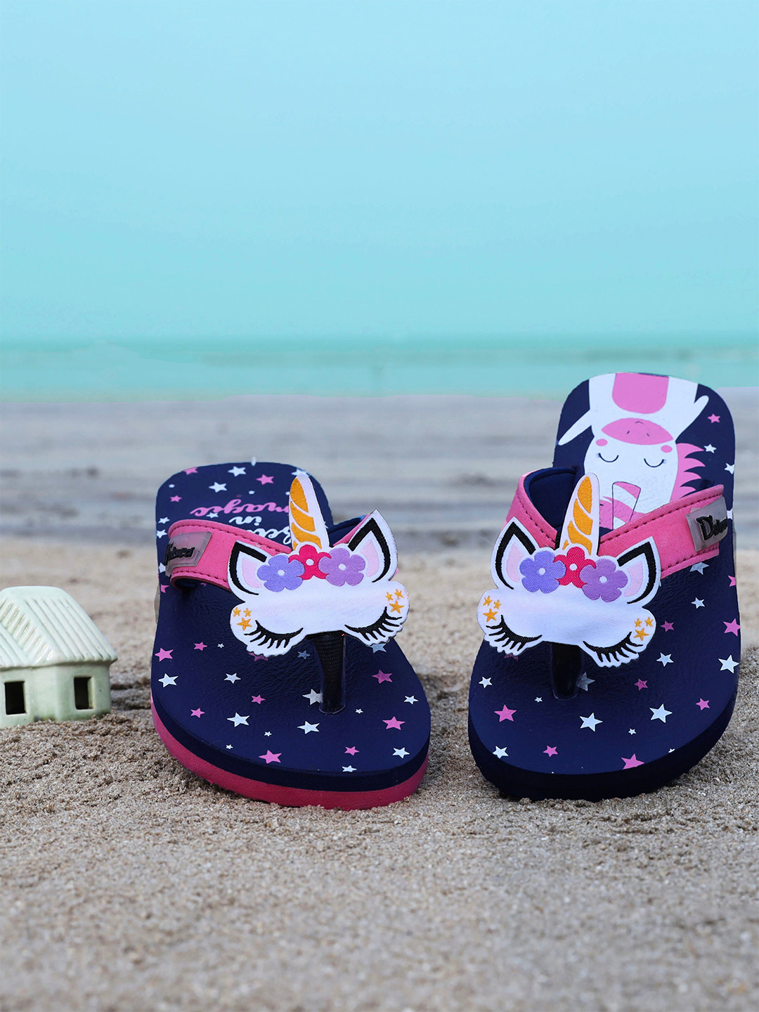Buy DChica Girls Navy Blue & White Unicorn Applique Thong Flip Flops ...
