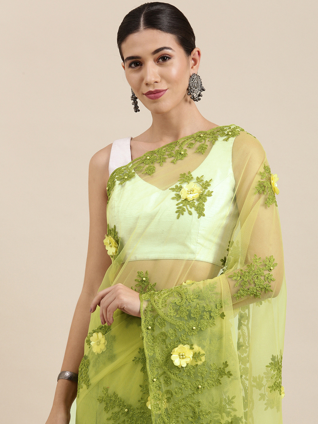 Buy PERFECTBLUE Green Floral Embroidered Net Saree - Sarees for Women ...