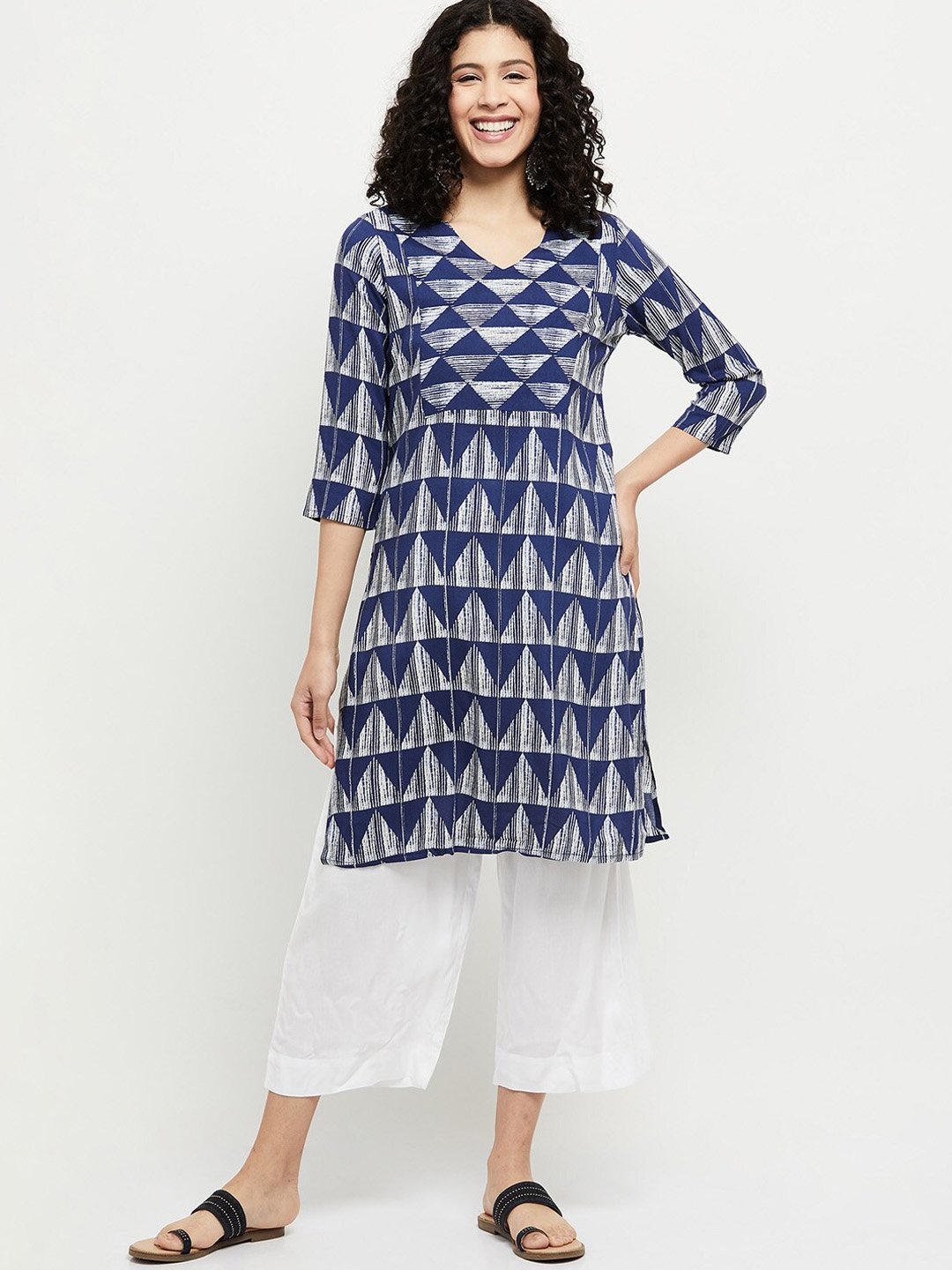 Buy Max Women Blue And White Ethnic Motifs Printed Kurta Kurtas For