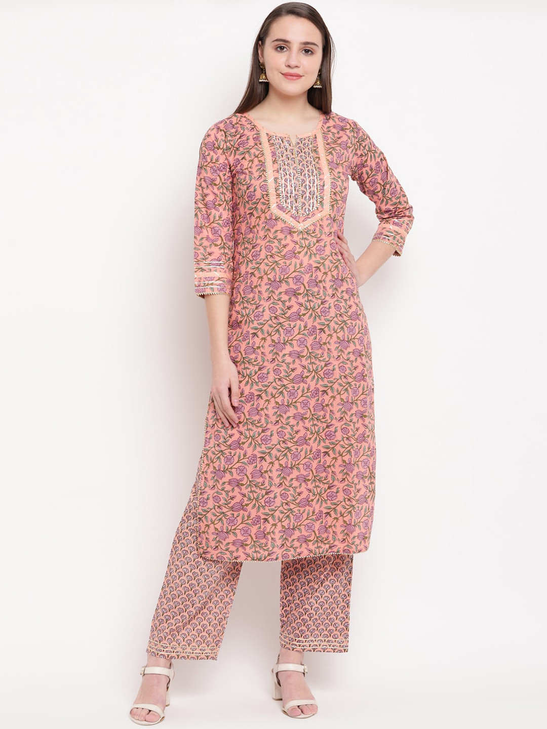 Buy Vbuyz Women Peach Coloured Printed Panelled Pure Cotton Kurti With ...