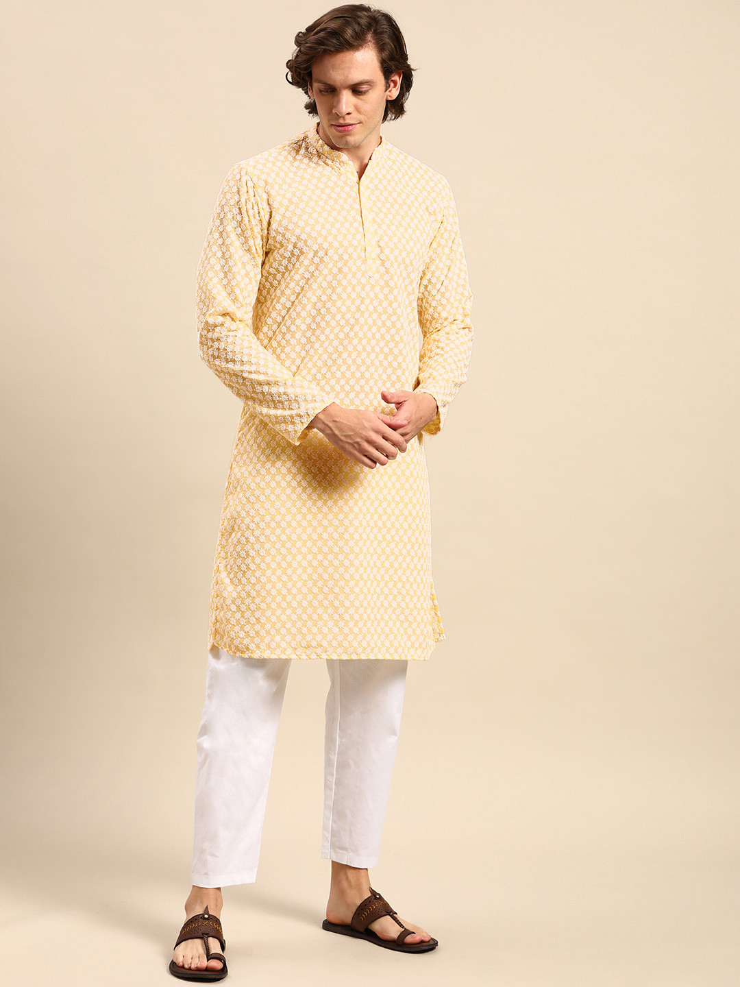 Buy Anouk Men Yellow Ethnic Motifs Embroidered Pure Cotton Kurta With ...