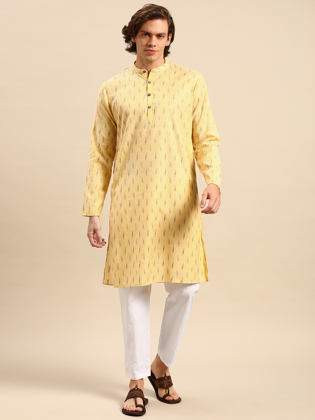 Buy Anouk Men Yellow Woven Design Pure Cotton Kurta With Pyjamas ...