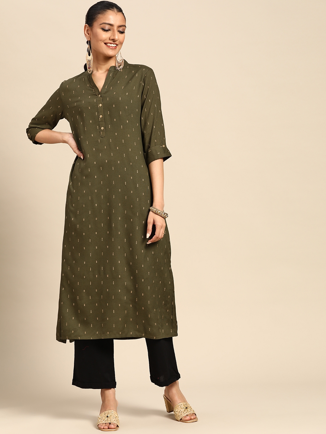 Buy Gerua By Libas Women Olive Green Golden Ethnic Motifs Printed Kurta