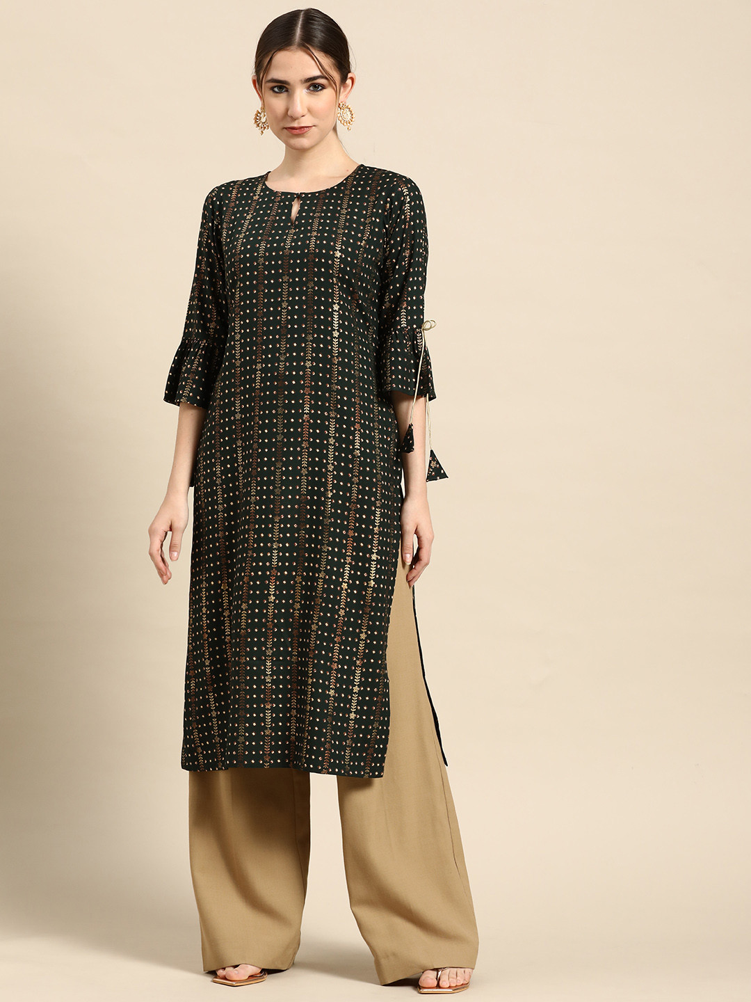 Buy Gerua By Libas Women Black Golden Printed Keyhole Neck Kurta ...