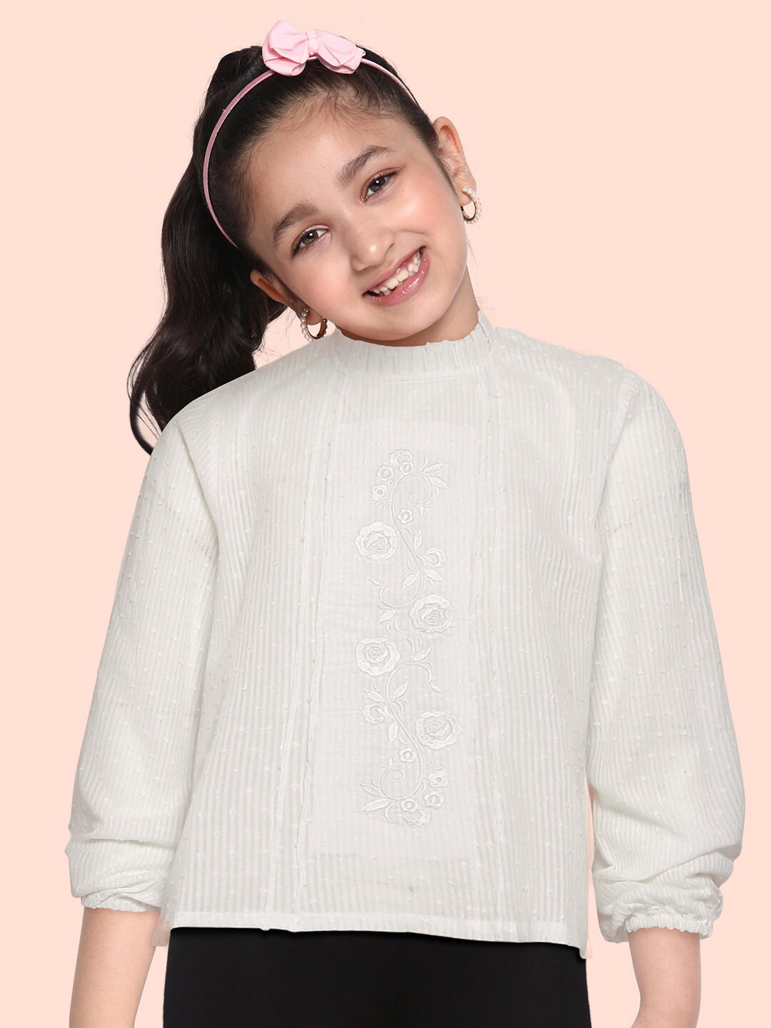 Buy GOJI White Pure Cotton Self Striped Mandarin Collar Top - Tops for ...