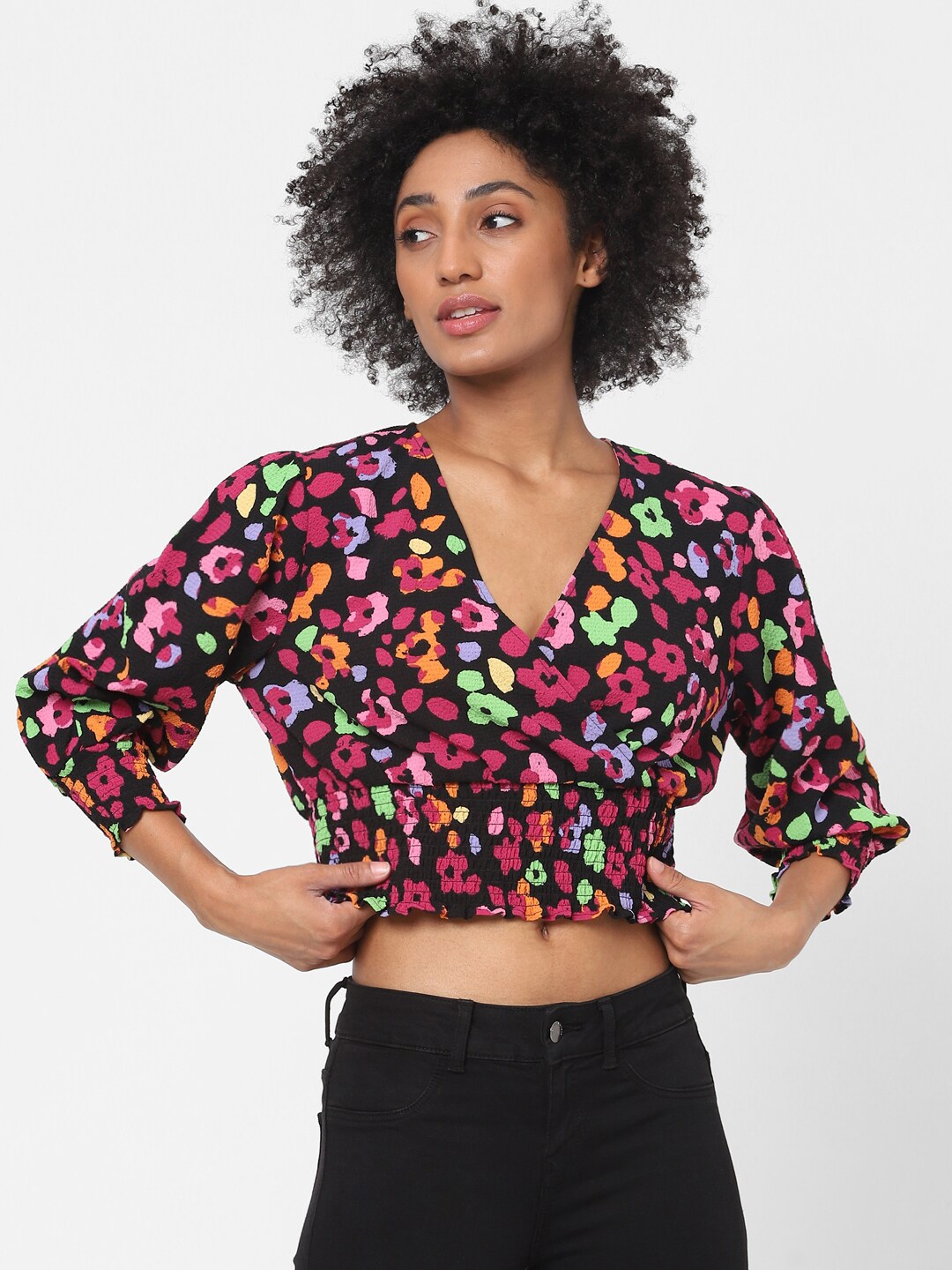 Buy Only Black And Fuchsia Floral Print Smocked Wrap Crop Top Tops For