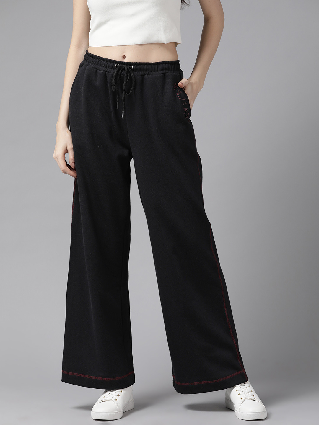 Buy Roadster Women Black Wide Leg Trackpants - Track Pants for Women ...