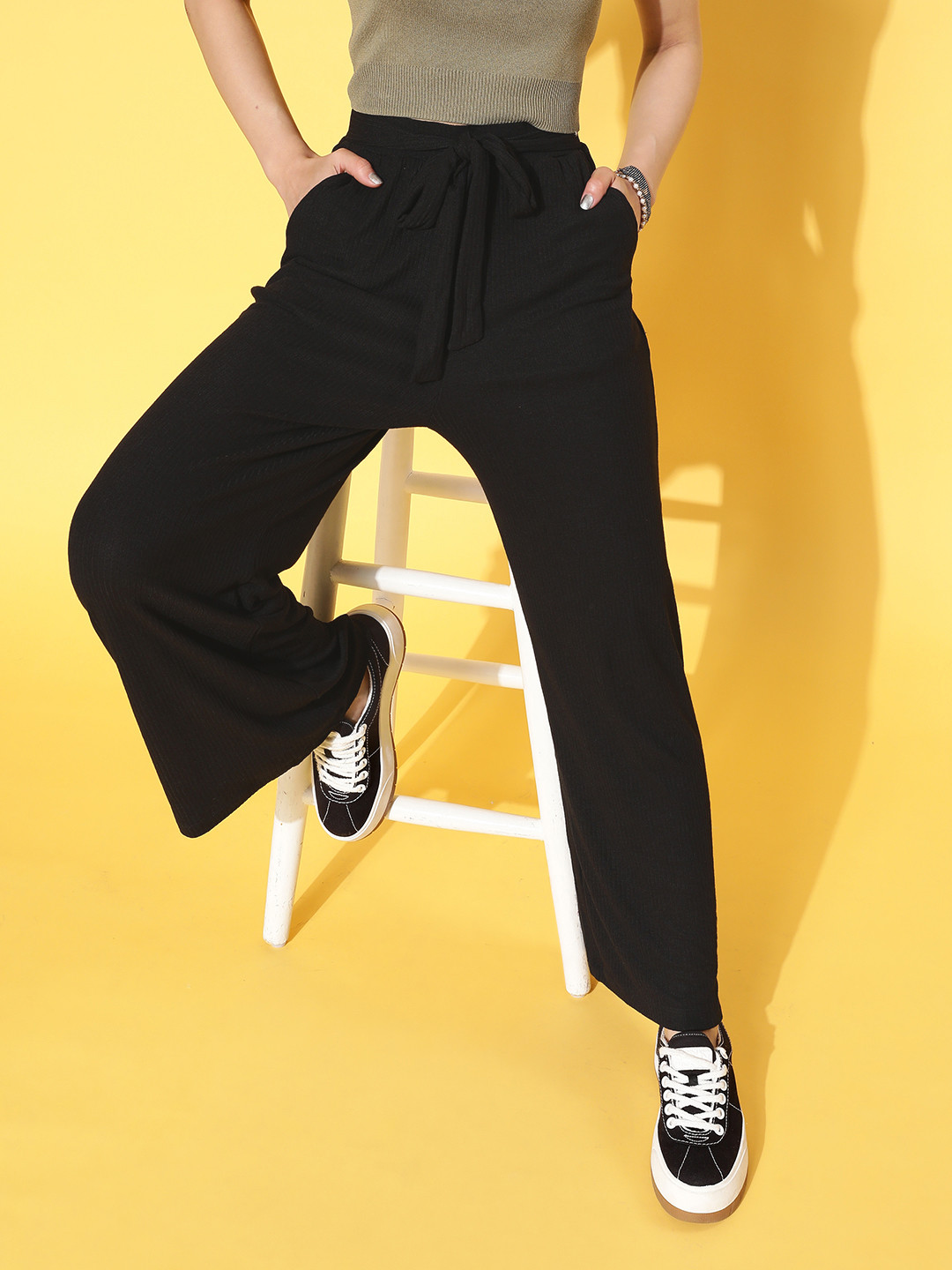 Buy The Roadster Lifestyle Co. Women Black Solid Relaxed Fit Wide Leg ...