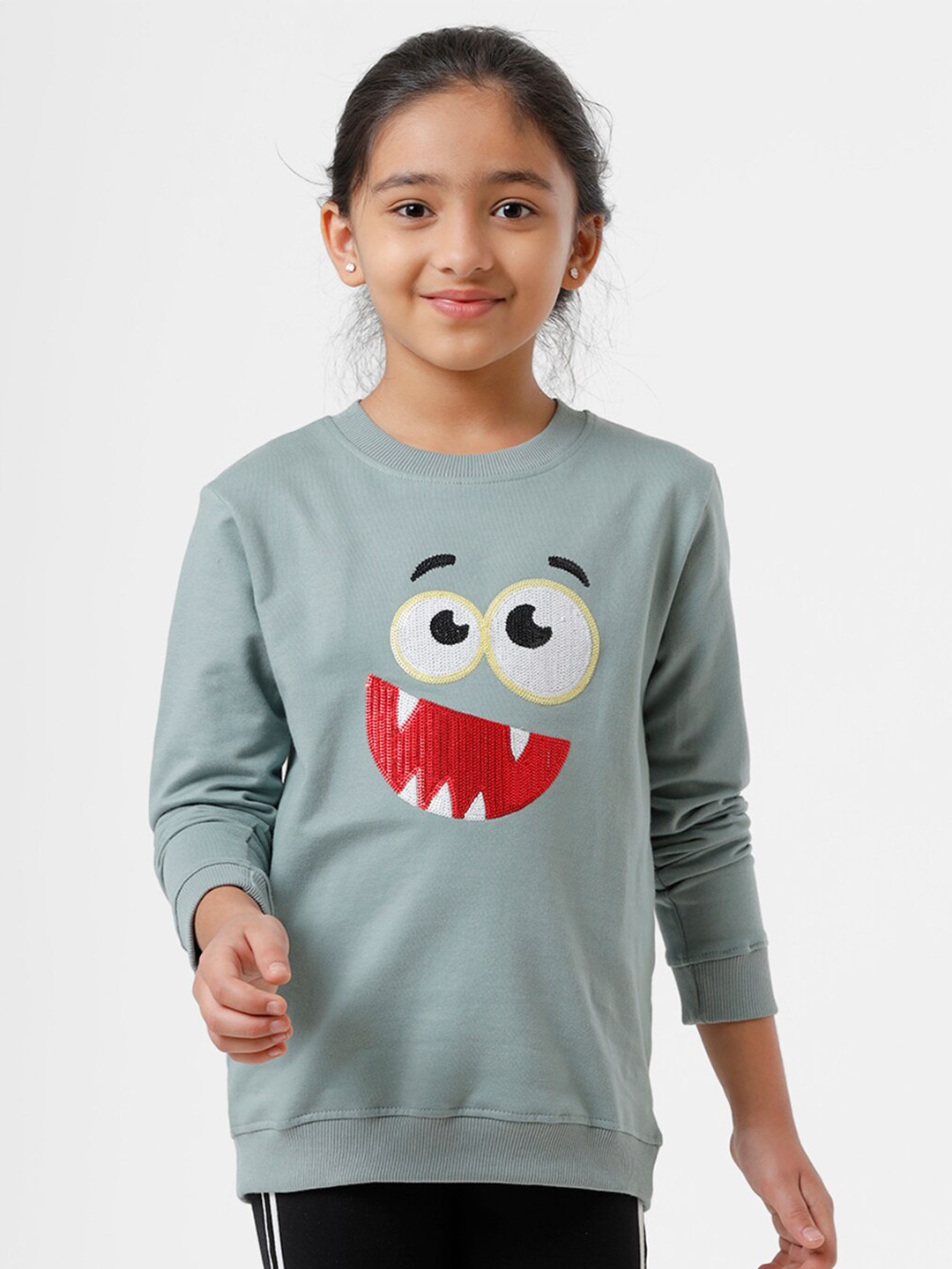Buy De Moza Girls Turquoise Blue Sequenced Pure Cotton Sweatshirt ...
