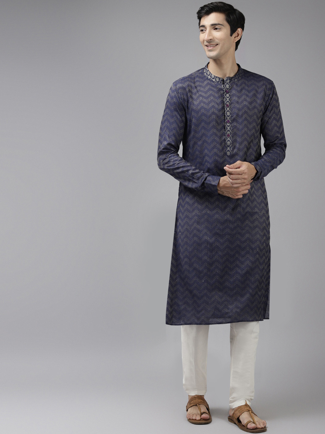 Buy See Designs Men Navy Blue Woven Design Thread Work Kurta - Kurtas ...
