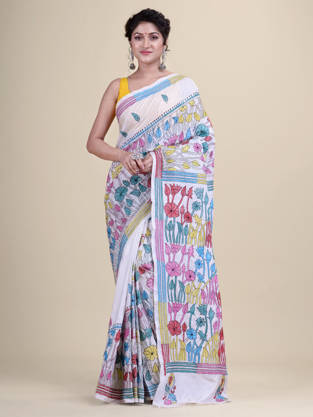 Buy Laa Calcutta White & Blue Floral Kantha Work Silk Blend Handloom ...