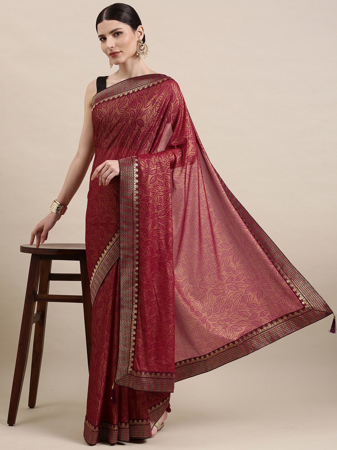 Buy Indian Women Maroon & Burgundy Ethnic Motifs Zari Silk Blend Saree ...