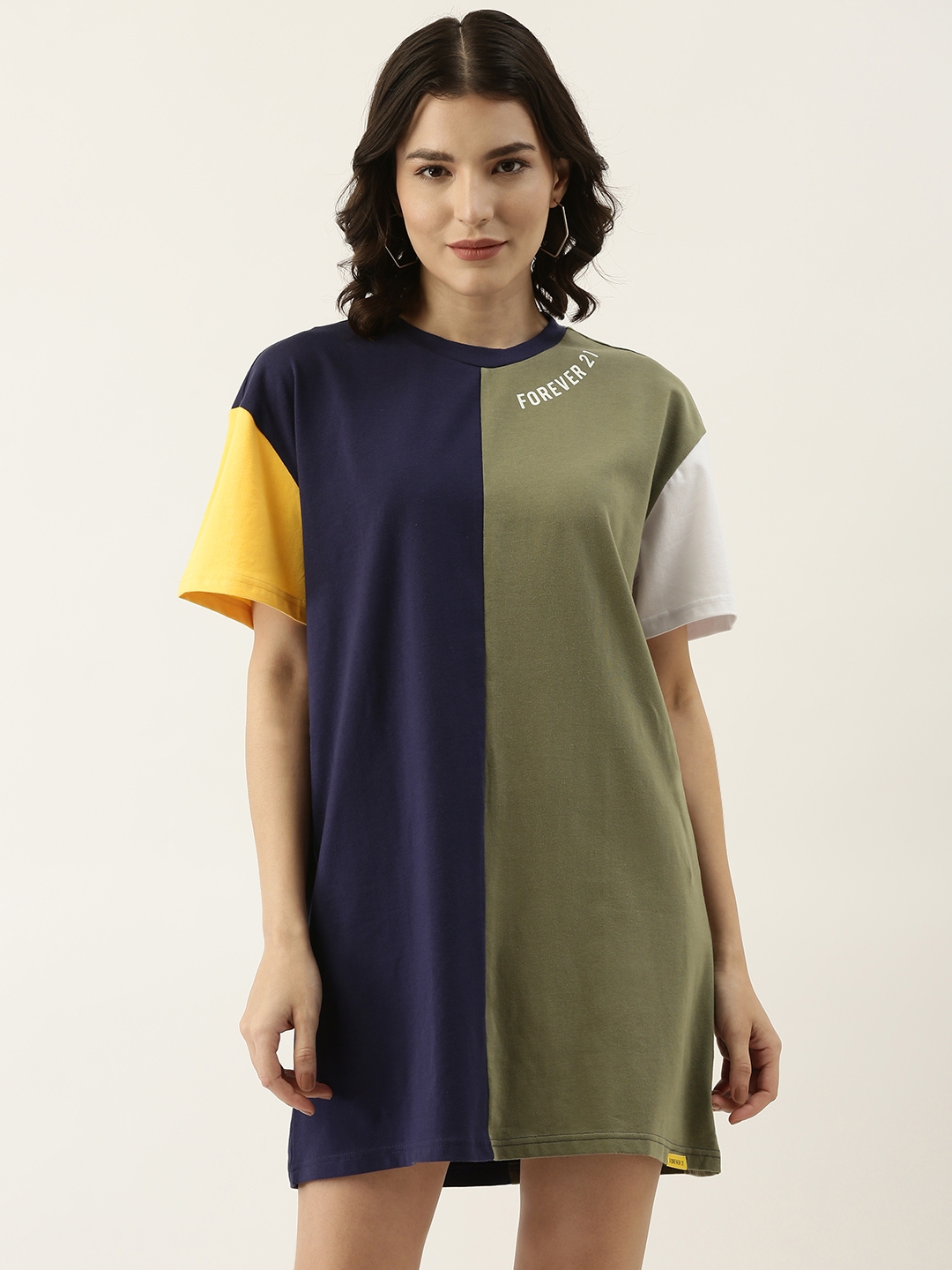 Buy Forever 21 Women Navy Blue And Olive Green Colourblocked T Shirt