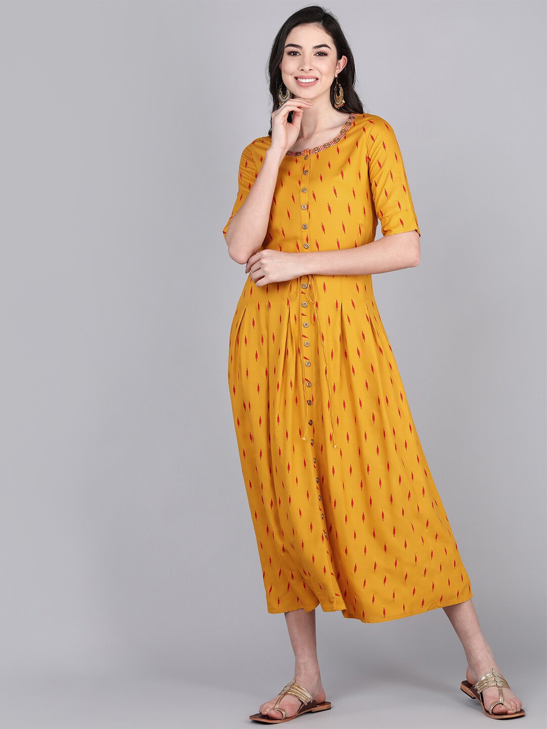Buy Bani Women Yellow Ethnic Motifs Print Liva Ethnic A Line Midi Dress