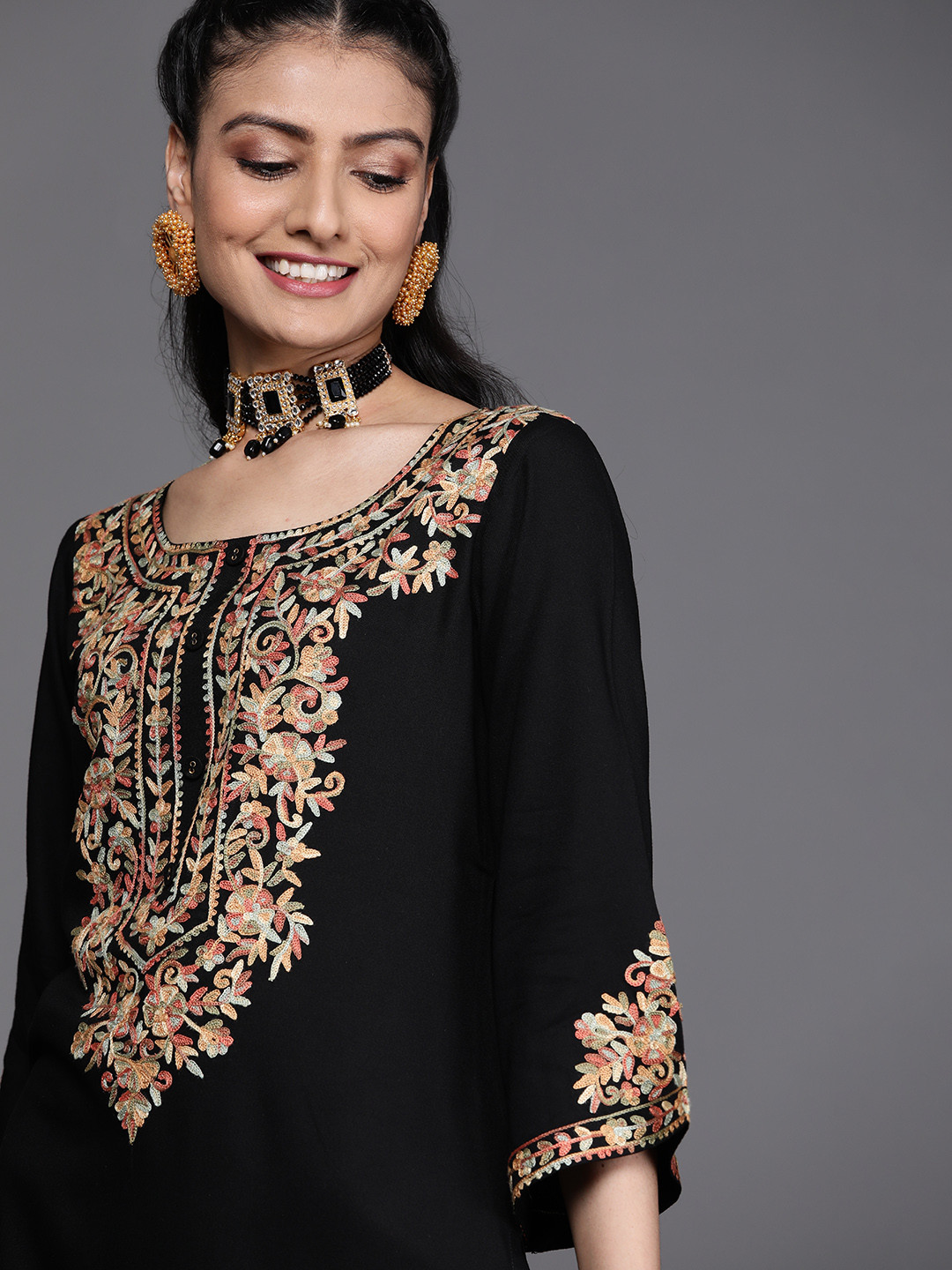 Buy Libas Women Black Ethnic Motifs Embroidered Flared Sleeves Thread ...