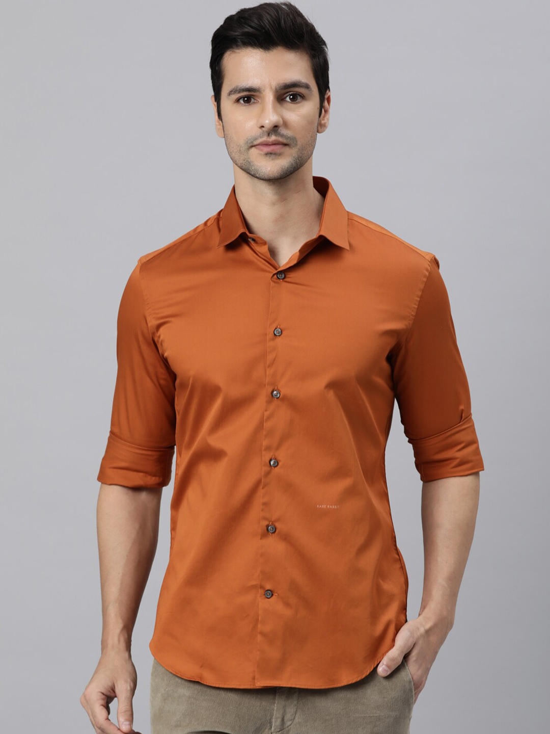 Buy Rare Rabbit Men Rust Custom Slim Fit Cotton Casual Shirt Shirts