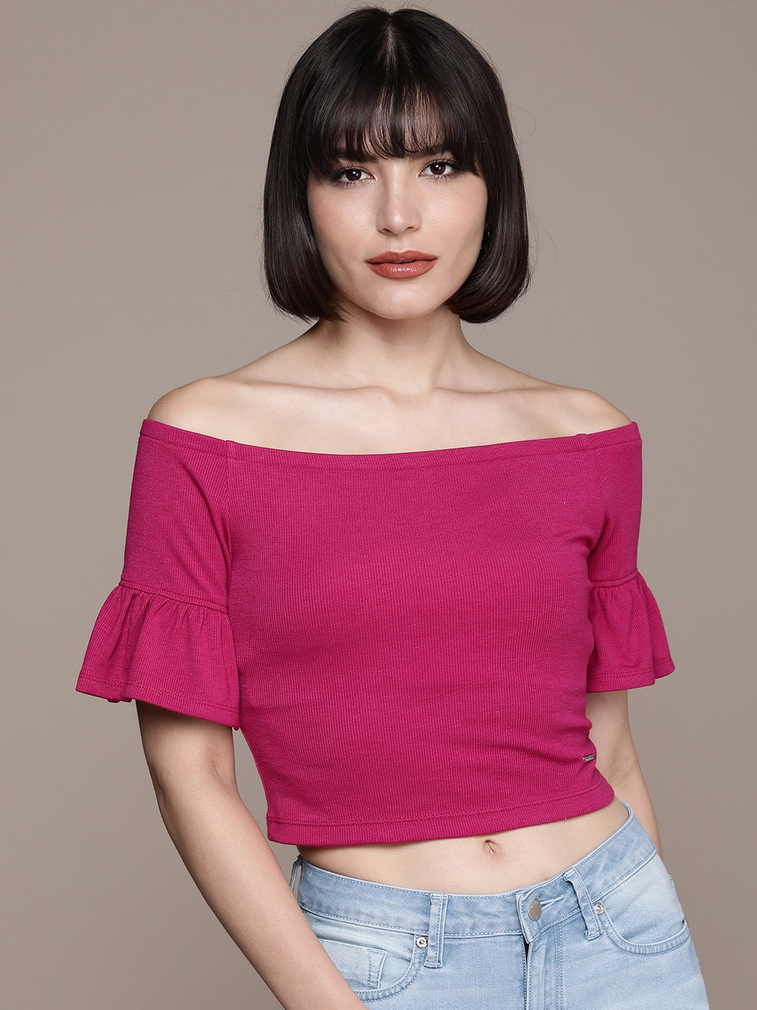 Buy Bebe Women Orchid Flower Exclusive Solid Halter Neck Crop Top ...