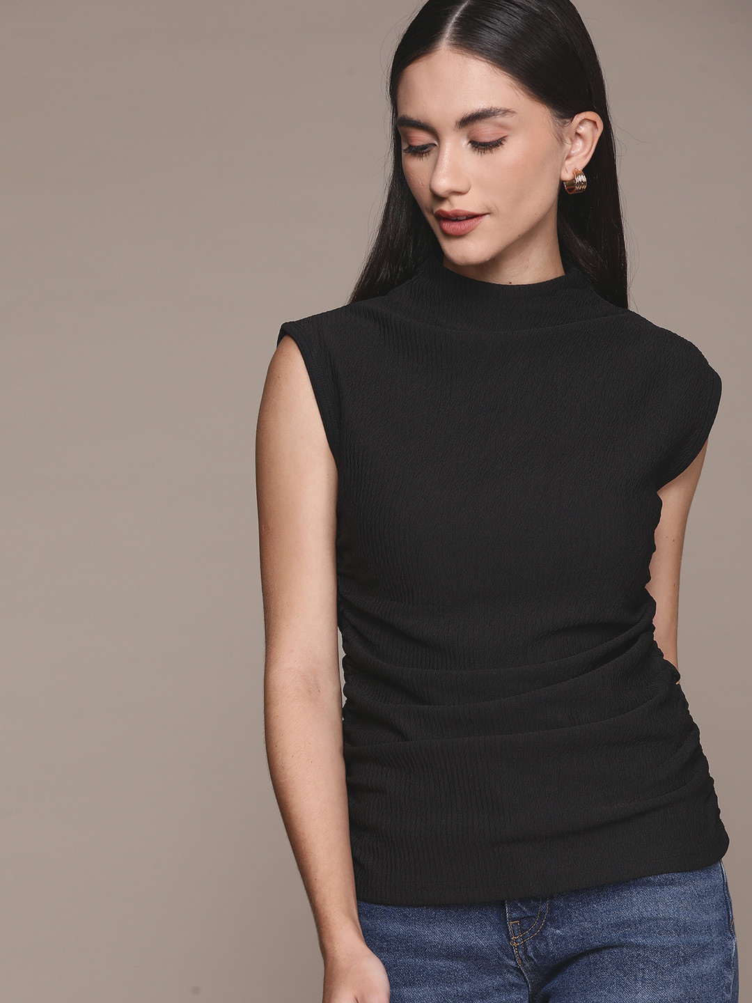 Buy Bebe Jet Black Season Staple Ruched Textured Effect Extended ...