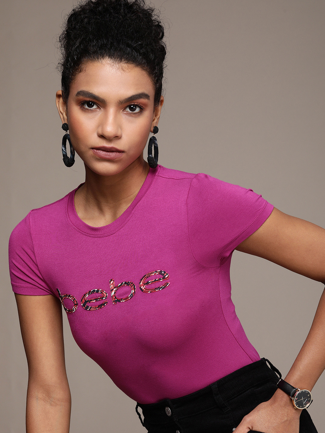 Buy Bebe Women Orchid Flower Essential Pink Brand Logo Applique T Shirt ...