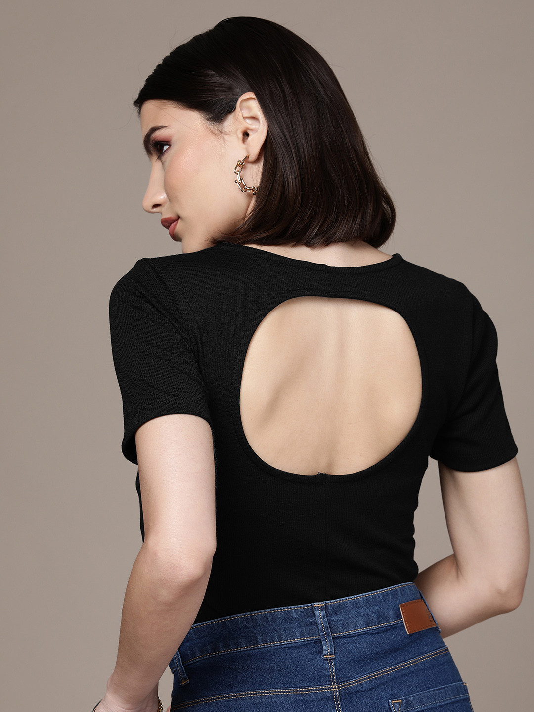 Buy Bebe Women Black Essential Self Designed Slim Fit Casual T Shirt ...
