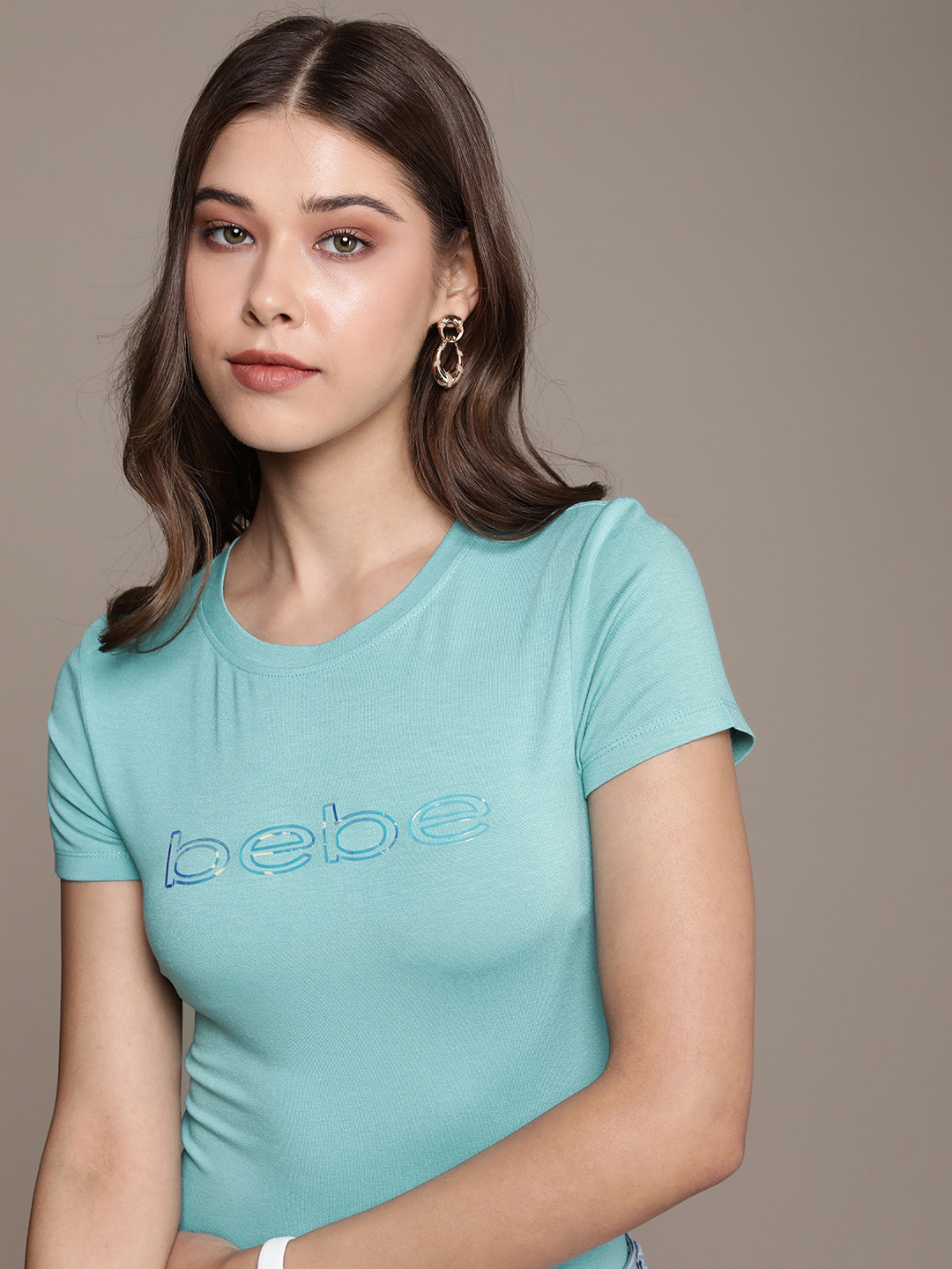 Buy Bebe Women Coastal Shade Essential Typography Embellished T Shirt ...