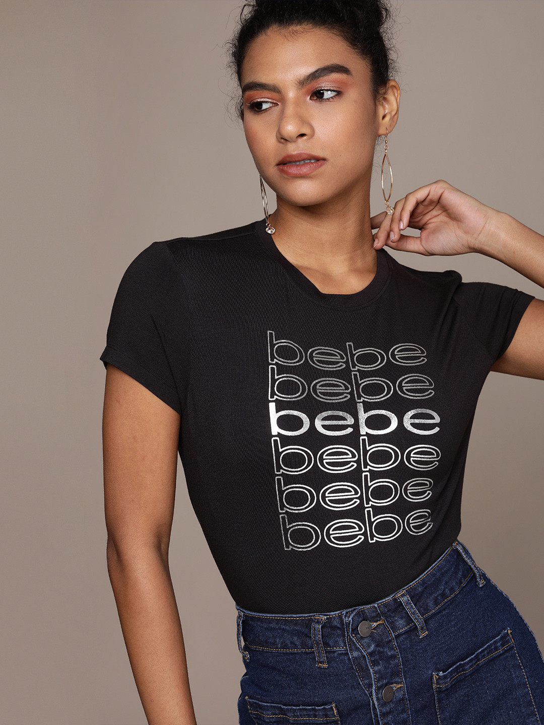 Buy Bebe Women Black Essential Brand Logo Printed T Shirt - Tshirts for ...