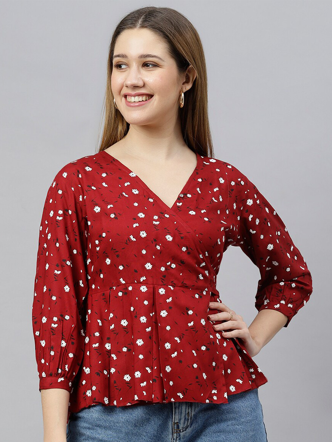 Buy FLAMBOYANT Women Maroon Floral Printed Wrap Top - Tops for Women ...